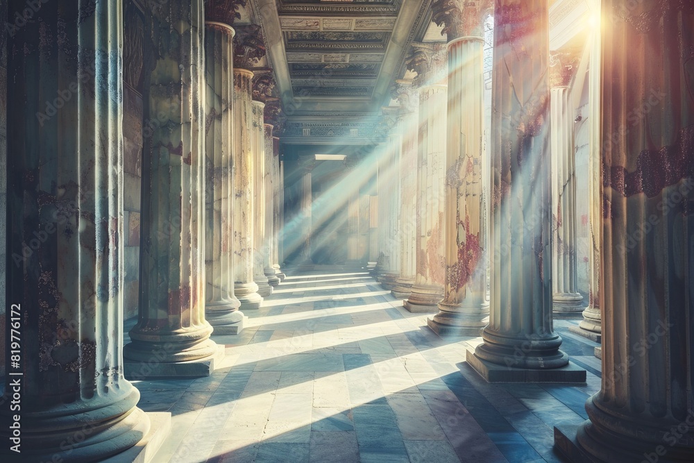 Ancient Greco-Roman hall interior with a circular stone podium ...