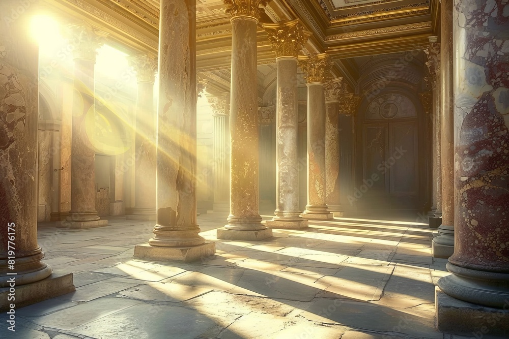 Ancient Greco-Roman hall interior with a circular stone podium ...