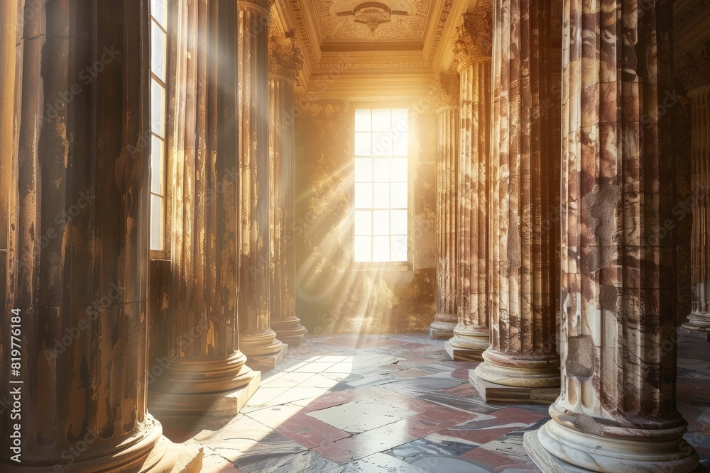 Ancient Greco-Roman hall interior with a circular stone podium ...