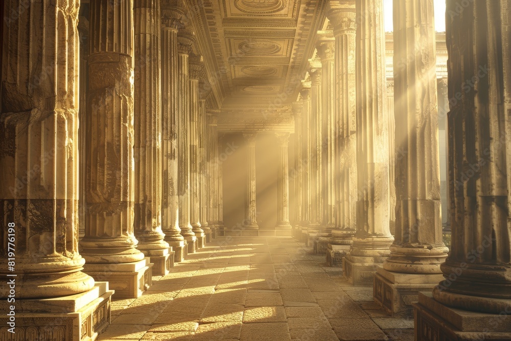 Ancient Greco-Roman hall interior with a circular stone podium ...