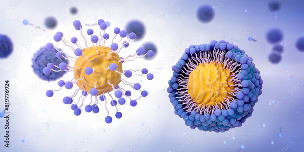 Soap molecules surrounding and capturing oily particle forming micelles ...
