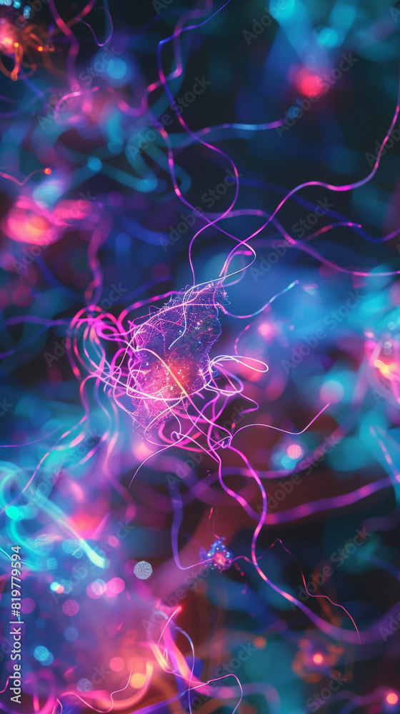 An abstract representation of a brain's connectome, illuminated in neon ...