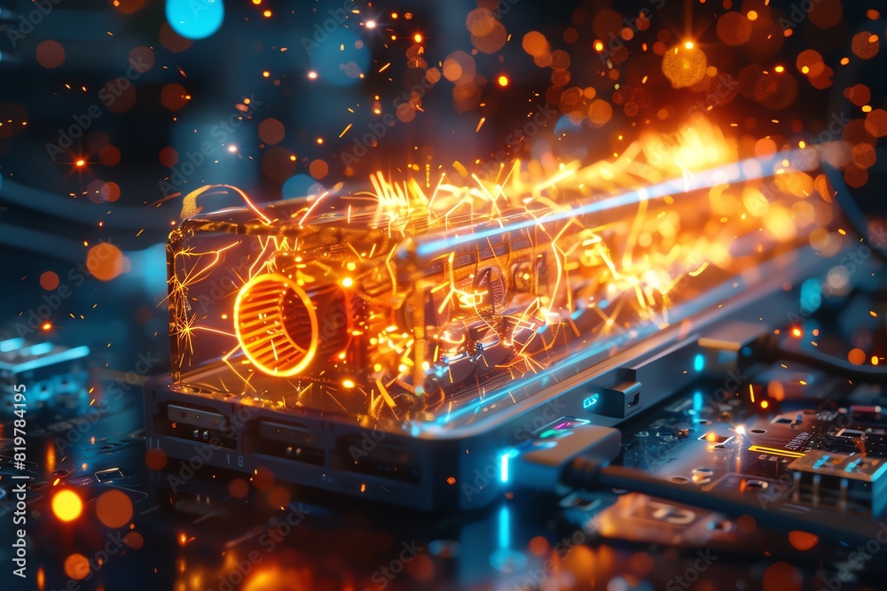 USB hub with electrical sparks, side view, Power surge, futuristic tone ...