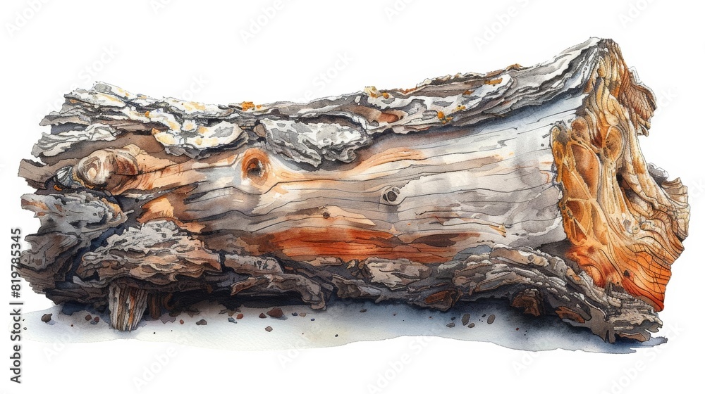 Wooden tree log, side view, detailed bark and wood grain, on a plain ...