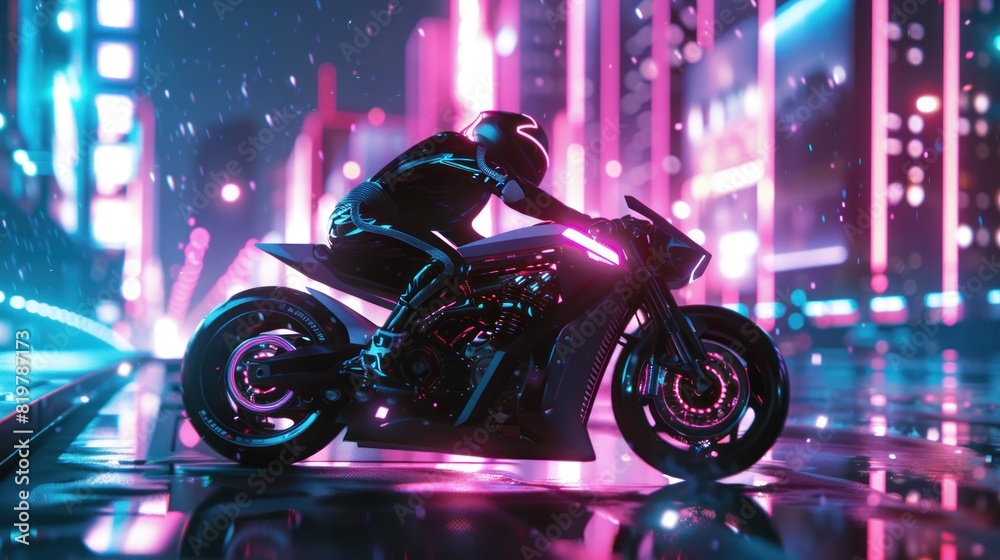 3d illustration Motorcycle rider cyberpunk synthwave in the night city ...