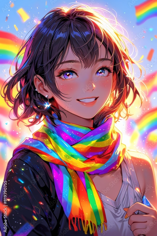 A girl wearing pride rainbow scarf, rainbow behind, Pride day, rainbow ...