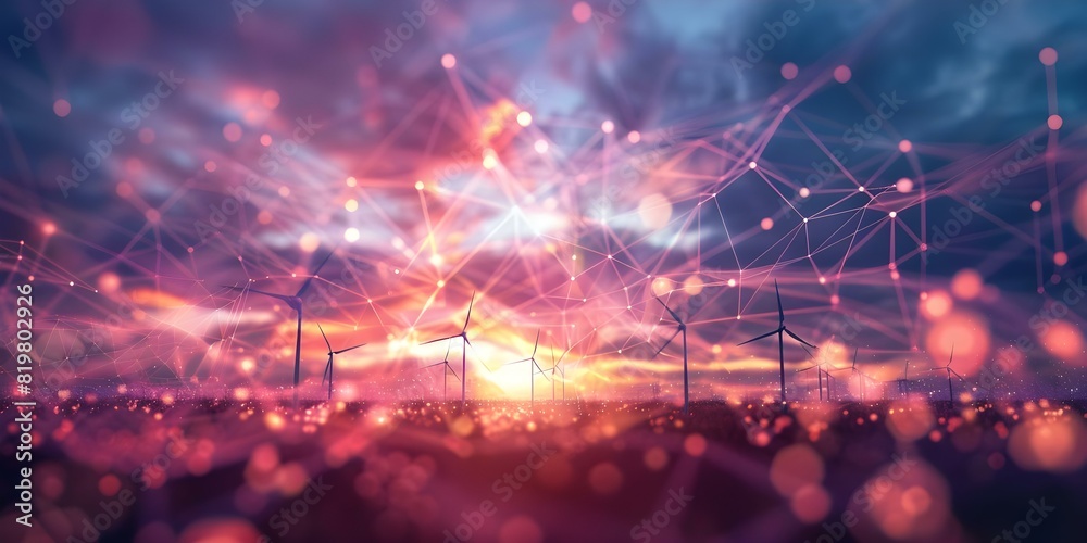 Abstract mathematical graph with silhouettes of renewable energy ...