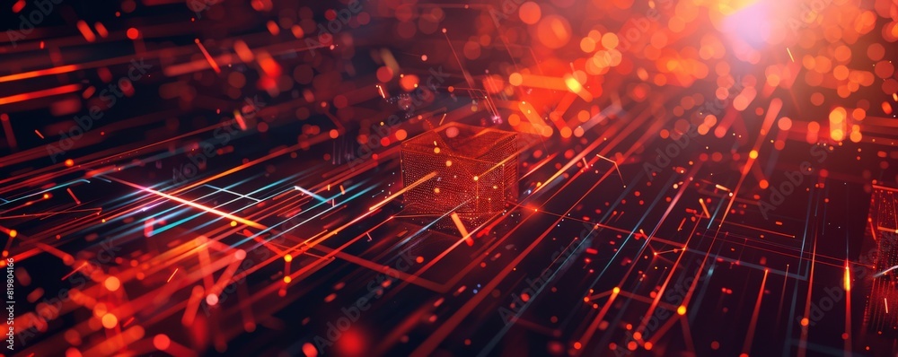 Virtual reality interface displaying complex networks, glowing red and ...