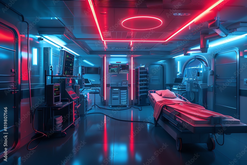 A futuristic hospital emergency room, with advanced life-saving ...