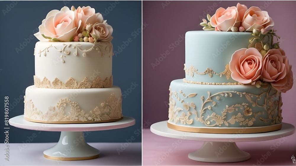 The cake is an elegantly tiered masterpiece, possibly featuring two or ...