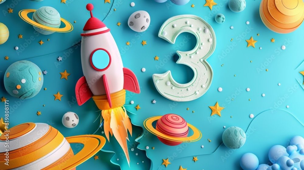 Space-Themed Third Birthday Banner with Rocket Ship, Number Three ...