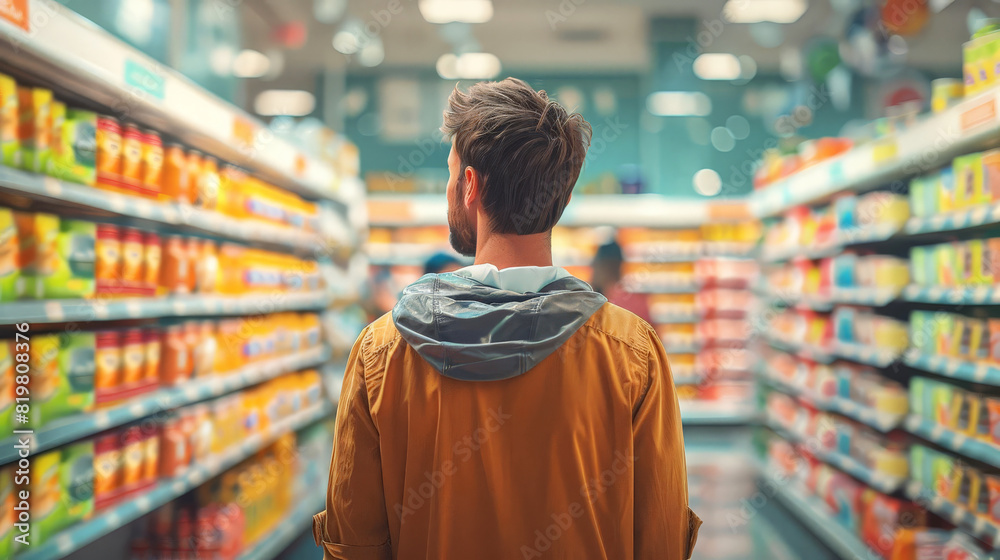 Confused A shopper puzzling over product labels in a grocery aisle ...