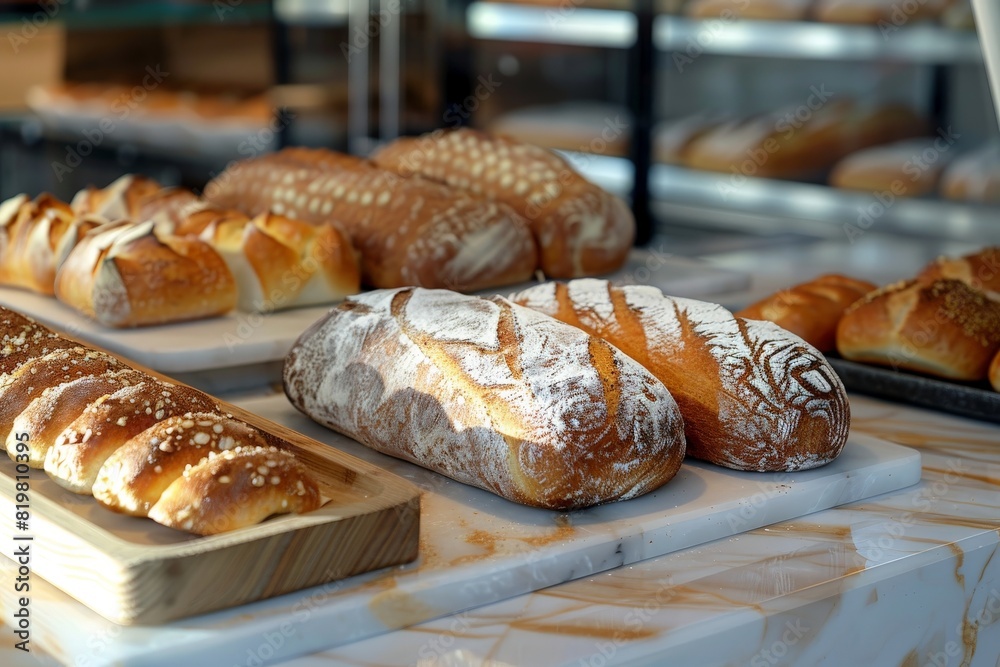 Gourmet bakery shop counter displaying a variety of whole wheat breads ...