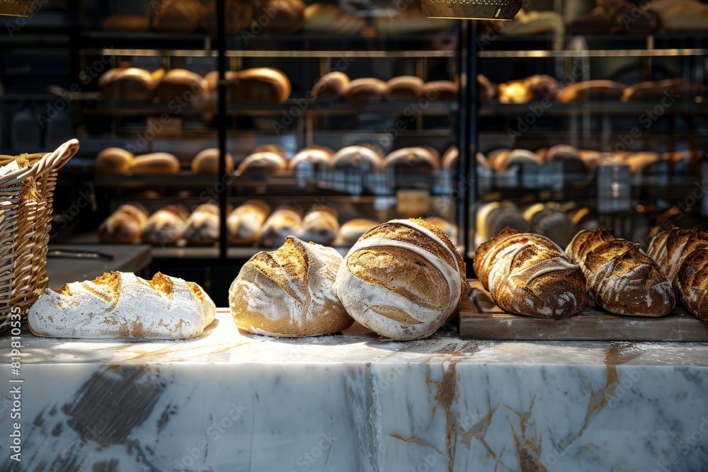 Gourmet bakery shop counter displaying a variety of whole wheat breads ...