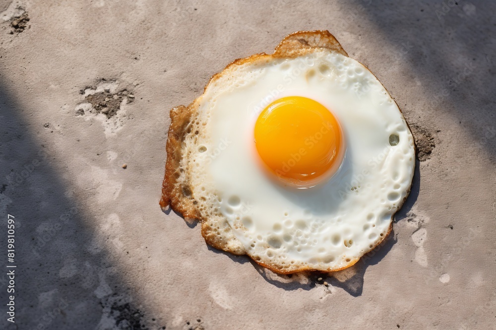 Fried chicken eggs on a hot asphalt surface. Concept of summer heat ...