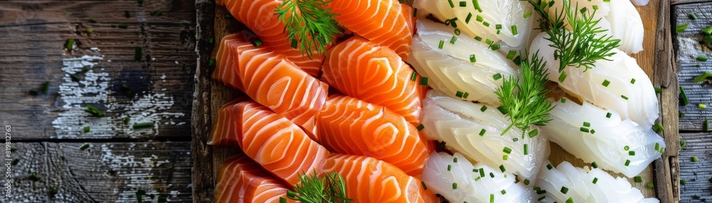 Rustic seafood feast, assorted sashimi including salmon and white fish ...