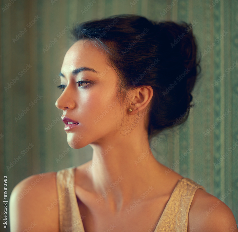 Face profile, beauty and woman in house with green background, skin ...