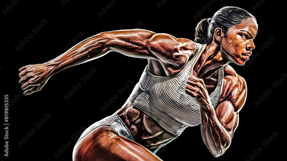 Sports. Determined female athlete in dynamic and powerful pose, her ...