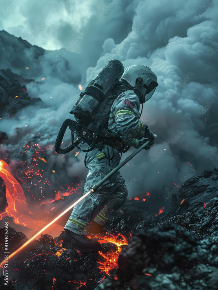 a firefighter in a thermal suit with this edited to his back with a ...