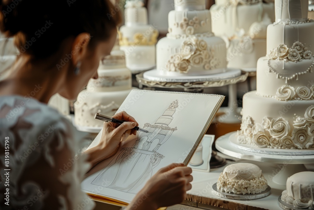 Elegant Wedding Cake Designer Sketching New Designs for Custom Bridal ...