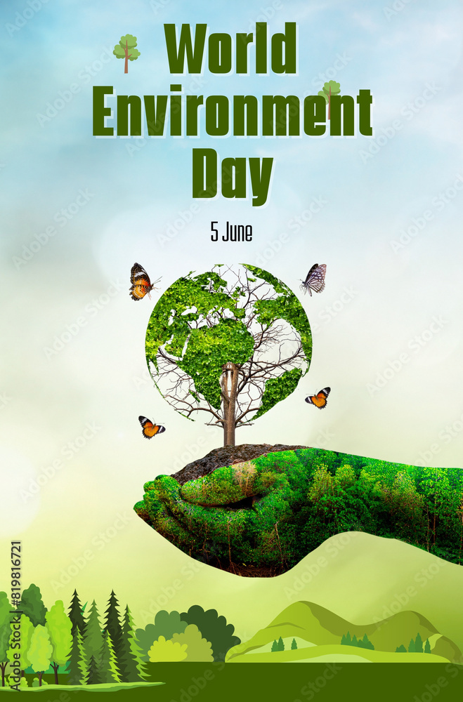 05 June, World Environment day concept 3d design. 3d World map with ...