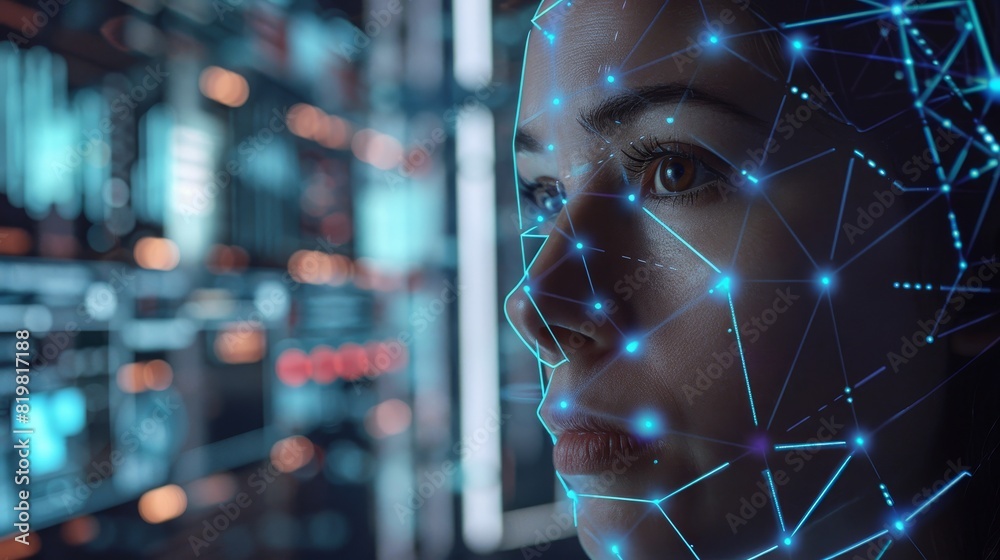 Futuristic Security Analyst Using AI Facial Recognition Overlay in ...