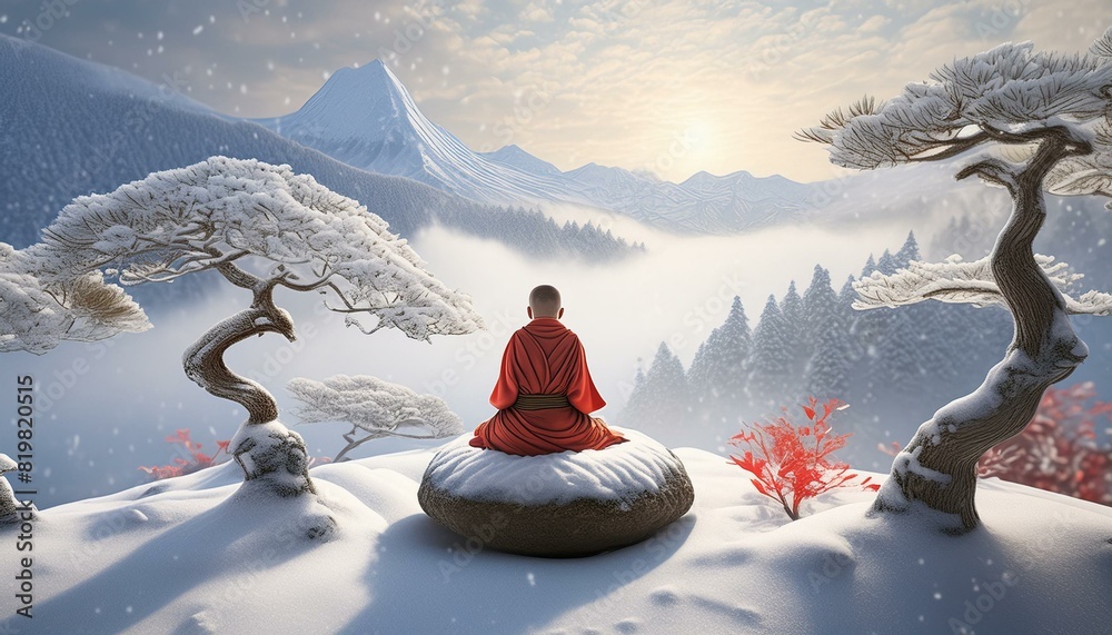 Beautiful Japanese landscape in cold pale colours, with a small ...