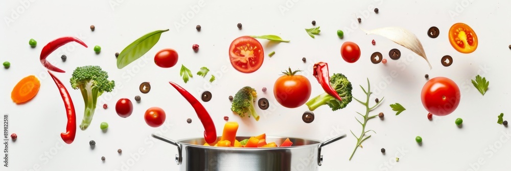 Vegetables falling to saucepan isolated, flying food, vegetable soup ...