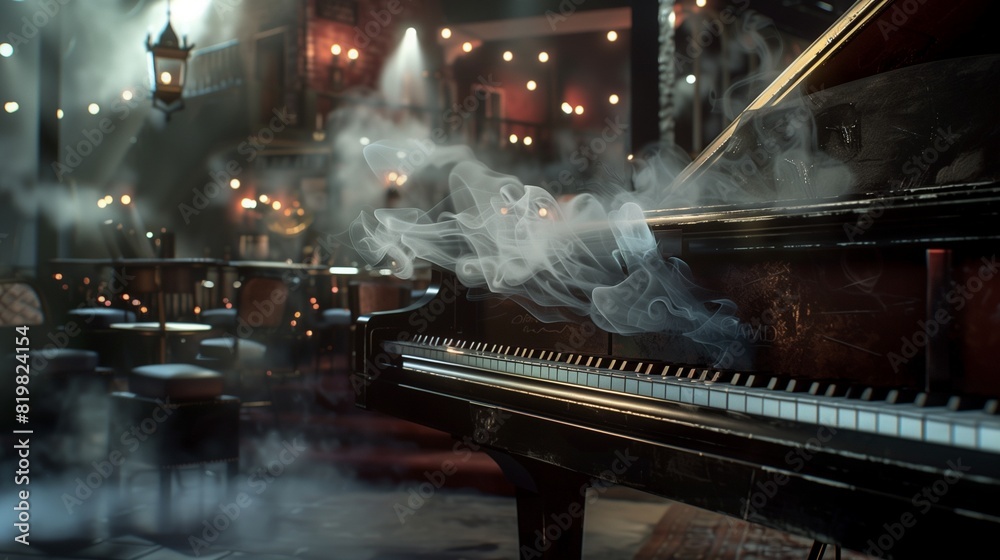 Charcoal gray smoke curling into a grand piano, with a backdrop of a ...