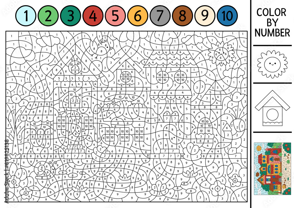 Vector color by number activity with city scene with beautiful house ...
