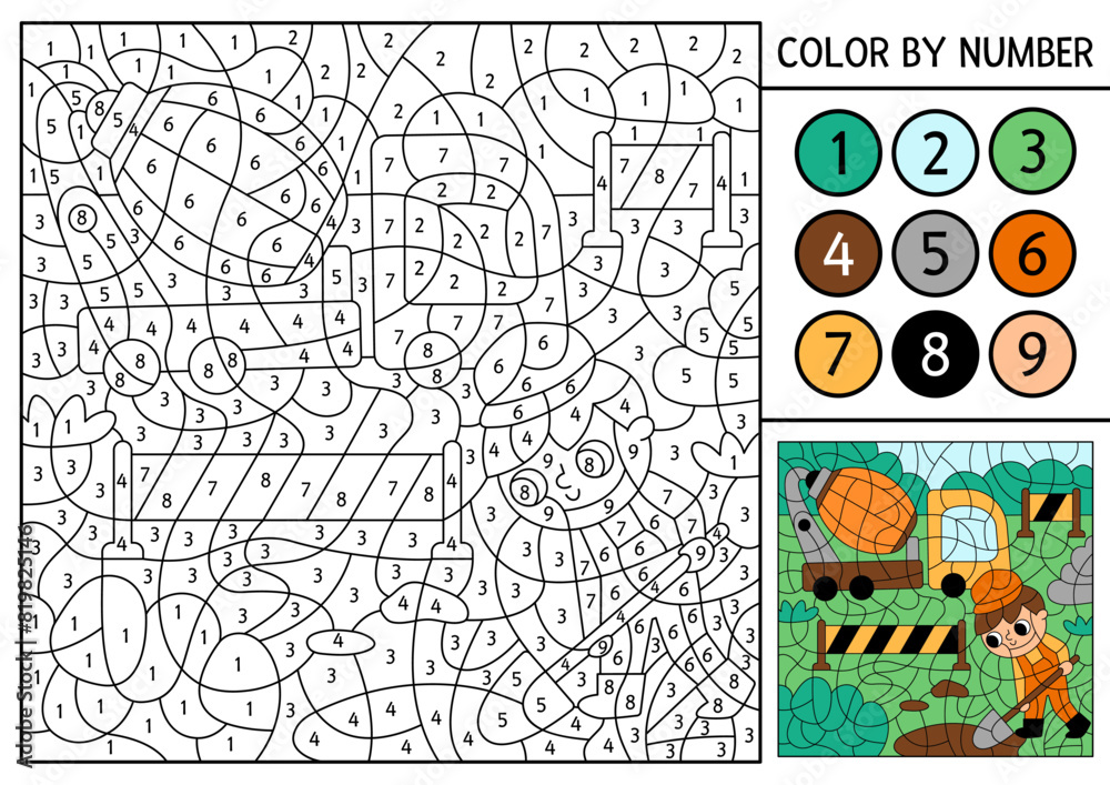 Vector construction site themed color by number activity with concrete ...