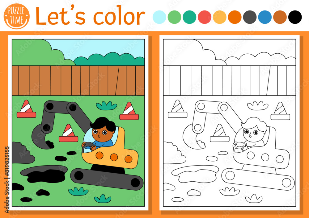 Construction site coloring page for children with excavator digging ...