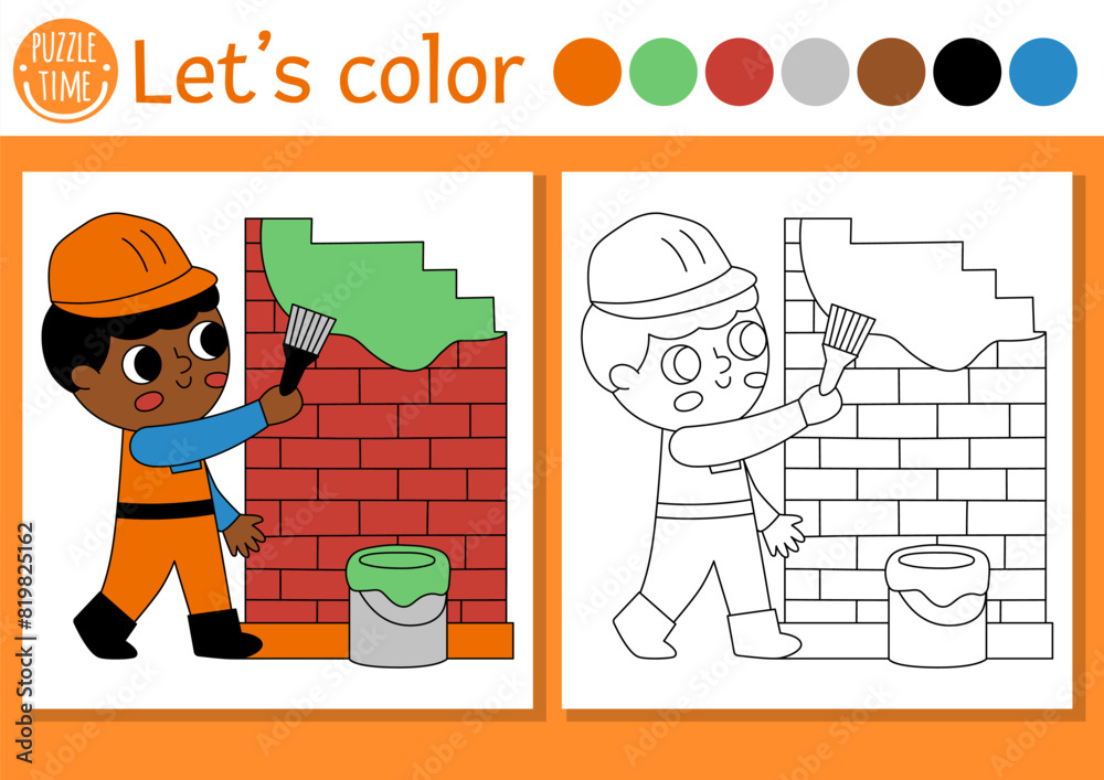 Construction site coloring page for children with worker painting brick ...