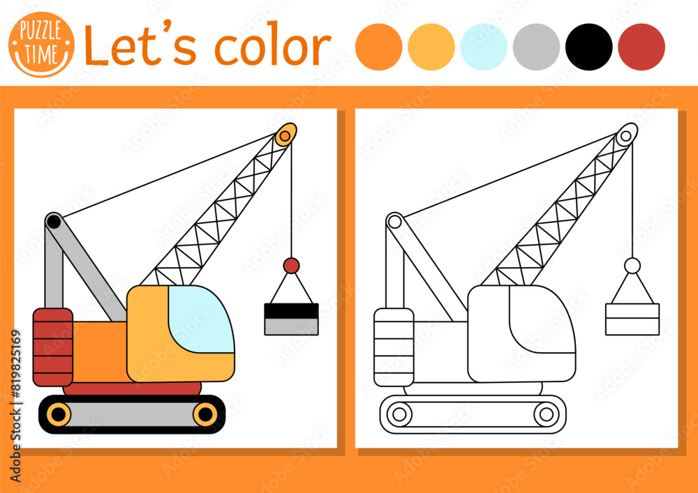 Construction site coloring page for children with crawler crane with ...