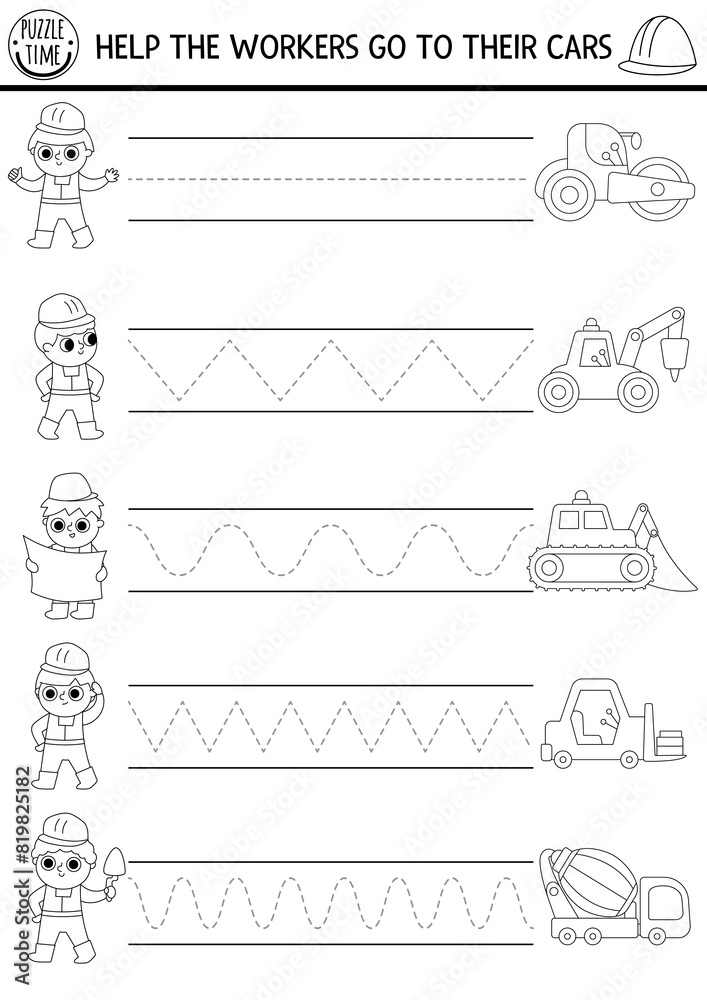 Vector construction site handwriting practice worksheet. Repair works ...