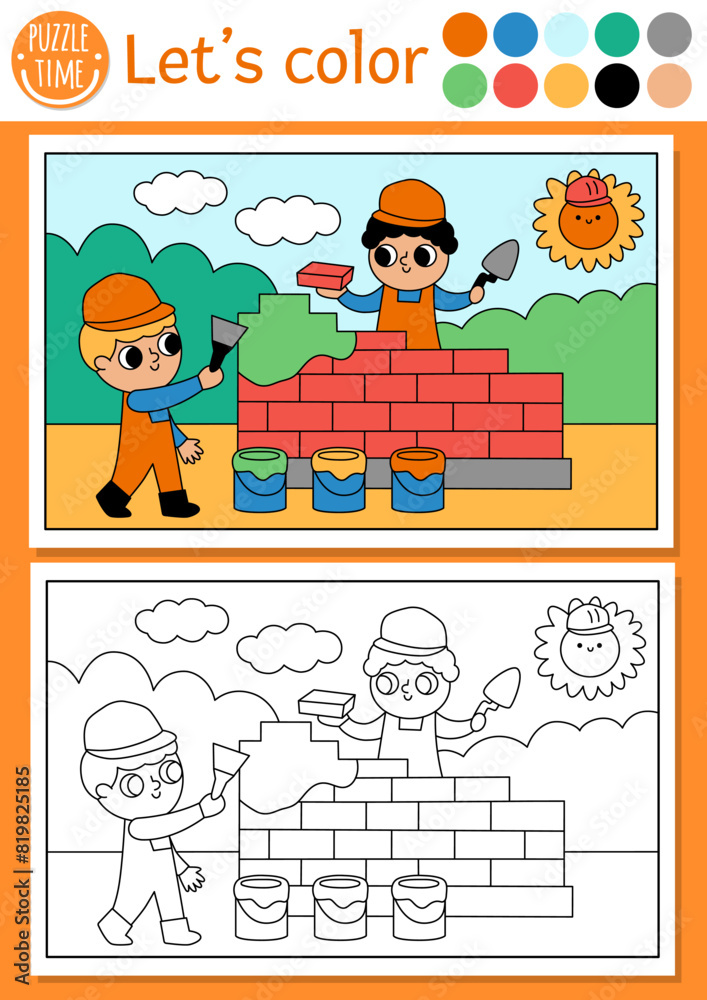 Construction site coloring page for children with workers building ...