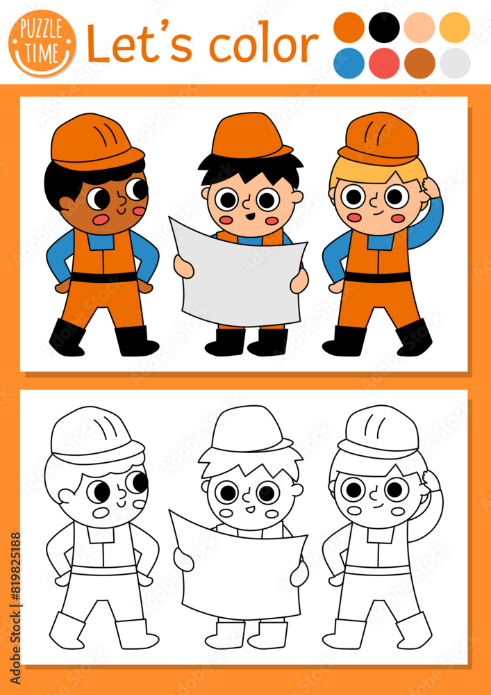 Construction site coloring page for children with builder, engineer ...