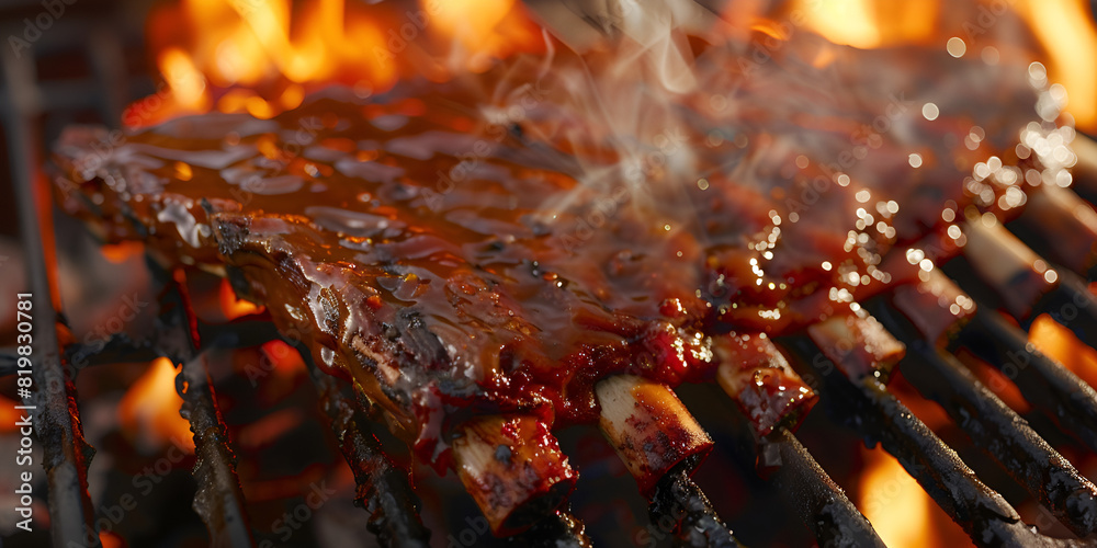 BBQ pork ribs cooking on flaming grill, BBQ pork ribs cooking on ...