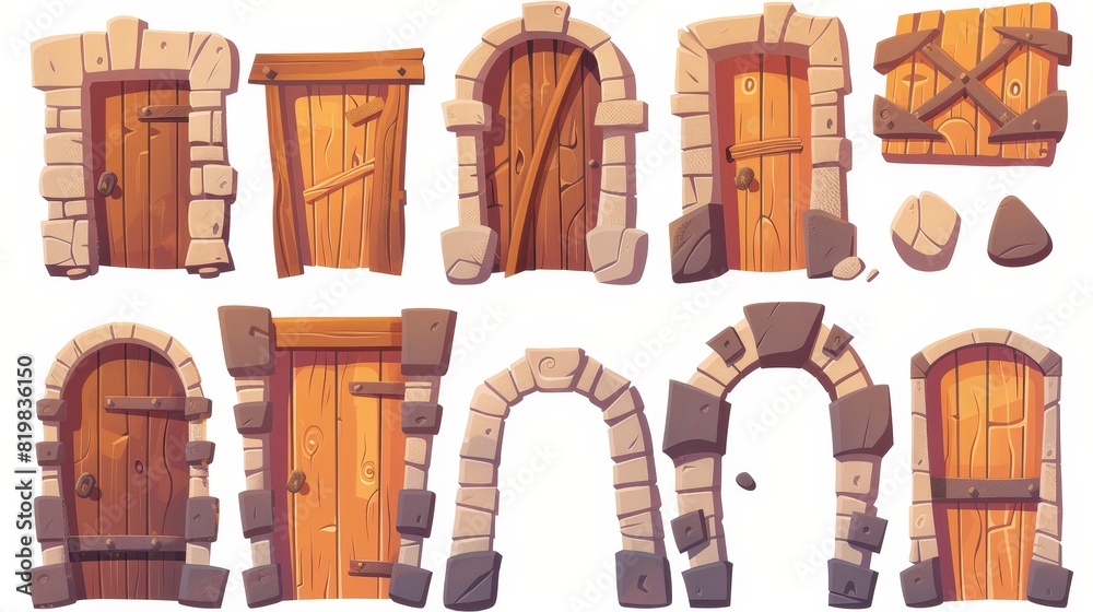 ภาพประกอบสต็อก A wooden door with stone frame opens isolated on a white ...