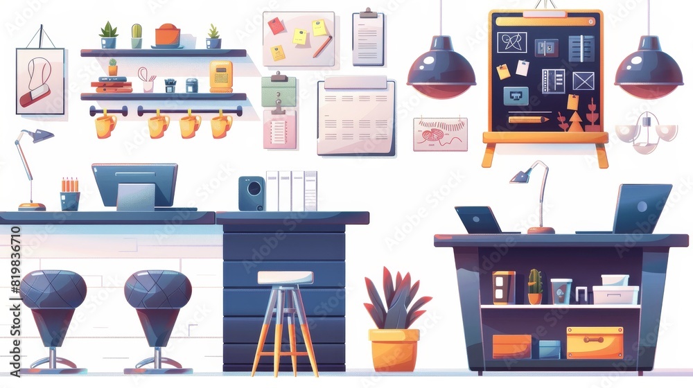 Office interior set with laptop, desk, chairs and bar counter. Modern ...