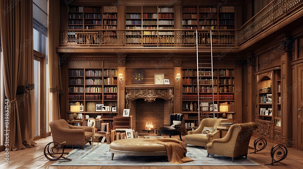 sophisticated living room with a two-story bookshelf filled with an ...