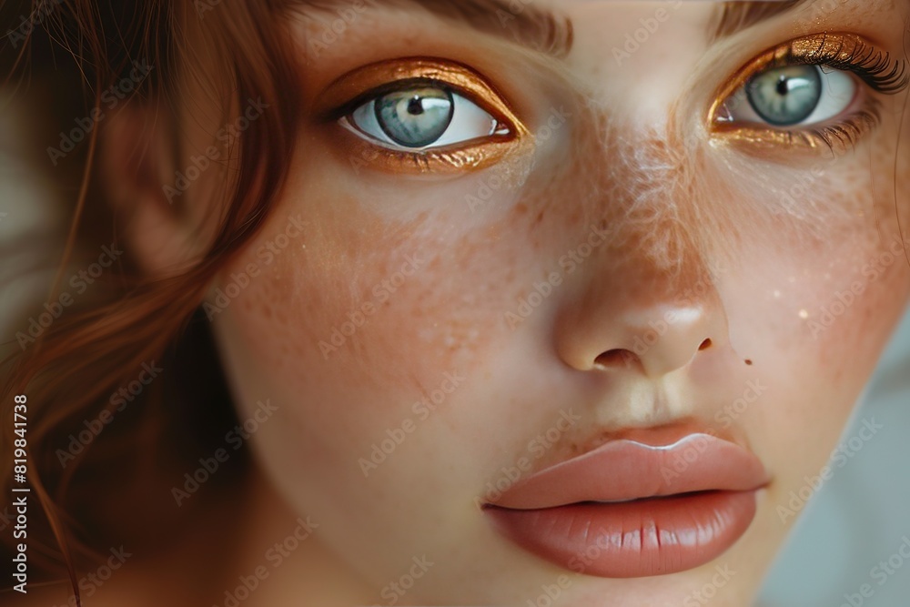 Gold Eyeshadow Look A model with a gold eyeshadow look, featuring a ...
