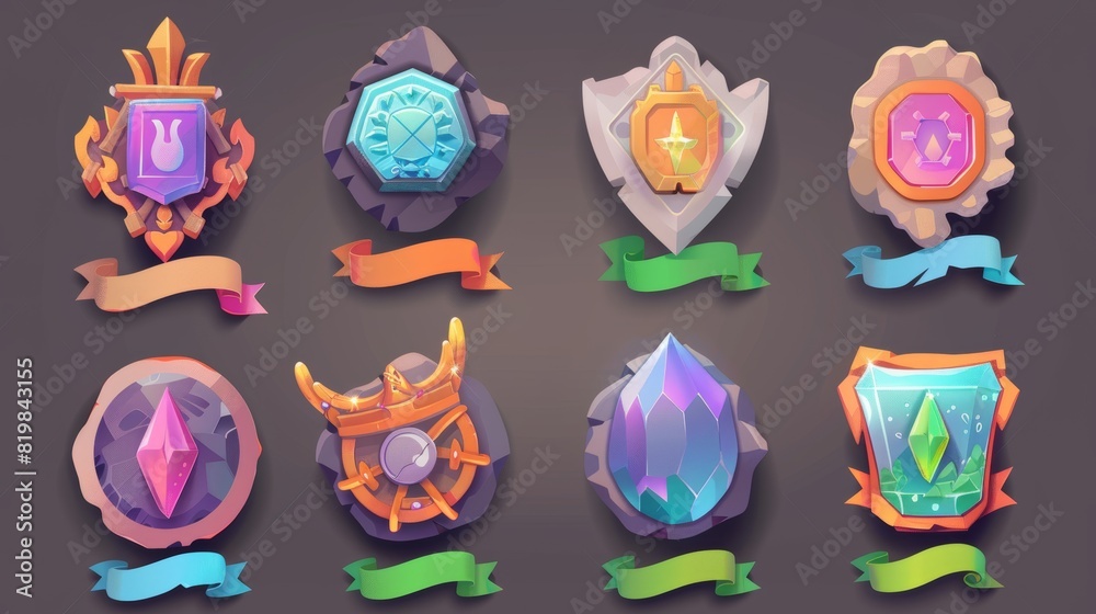 Icons with level, experience, and green ribbons for UI design of games ...