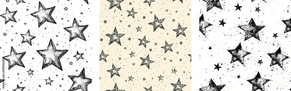 Black and white sketched stars pattern on white background. Hand-drawn ...