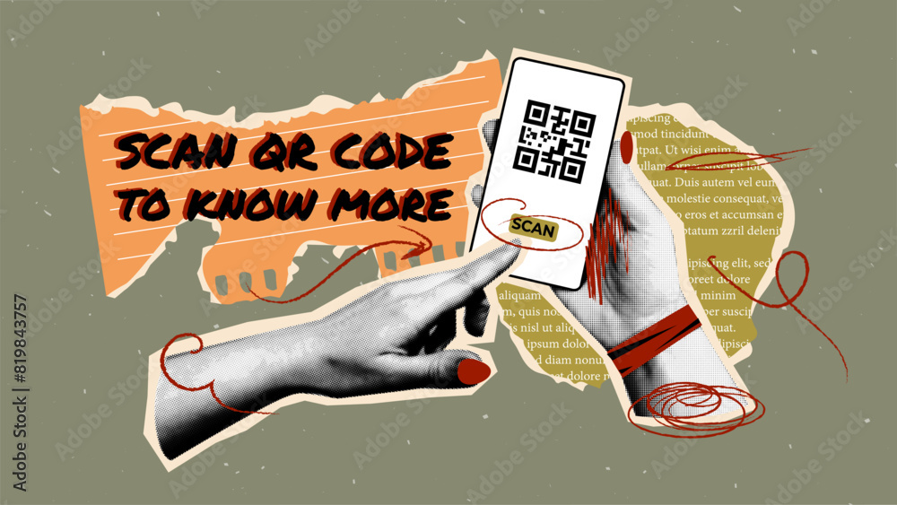 hand with mobile phone with qr code in a vintage rock halftone style ...