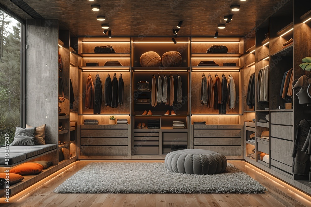 Modern minimalist men walk in wardrobe with clothes hanging on rods ...