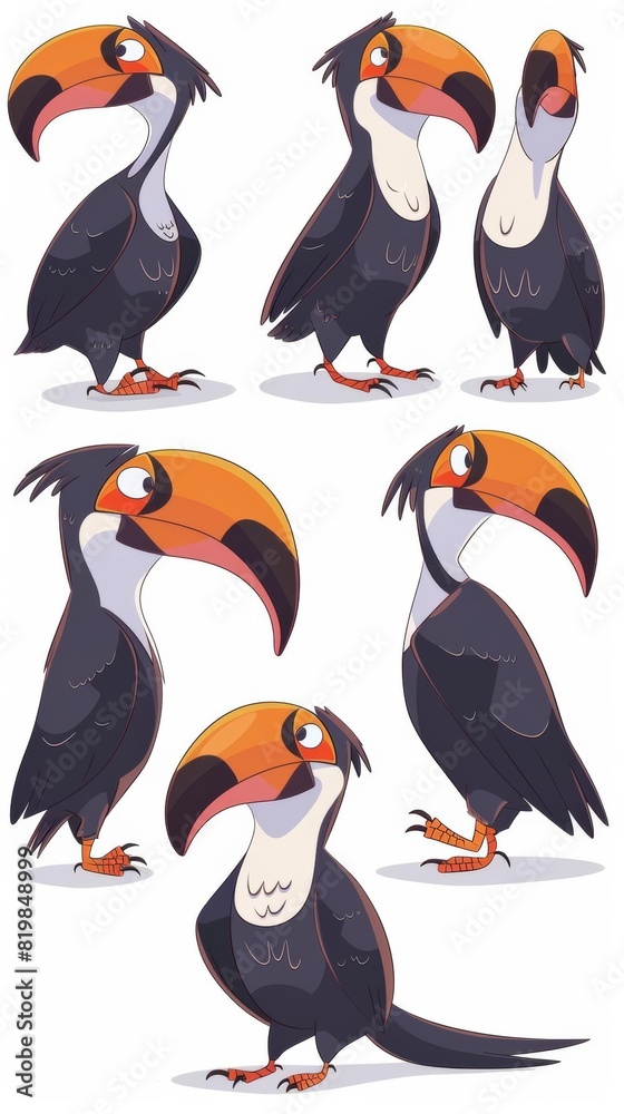 a friendly toucan, different angles, different poses, in the style of ...