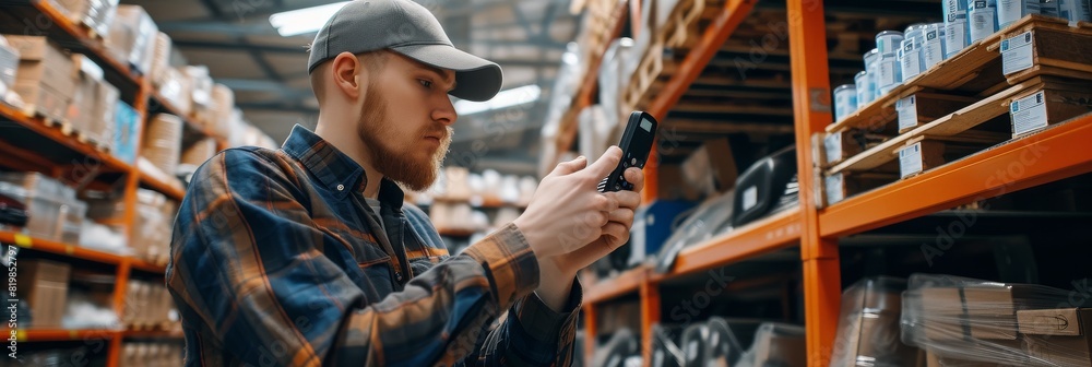 Worker scanning barcodes on automotive spare parts with a handheld ...