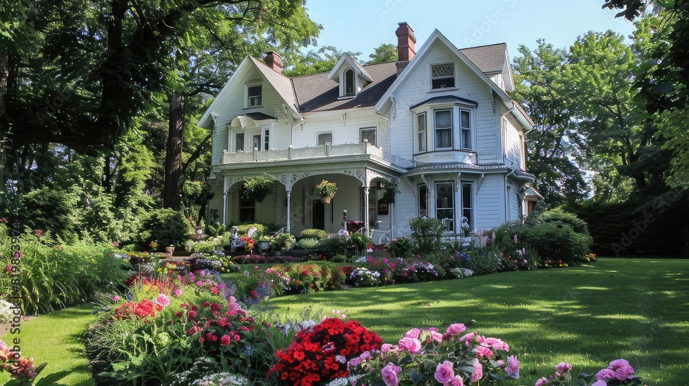 victorian house surrounded by lush greenery and flowers in garden ...