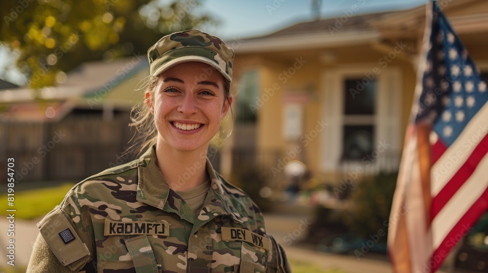 Portrait of a Happy female soldier with a smile while standing outside ...